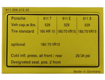 Door Sticker - Tire Pressure : Suncoast Porsche Parts & Accessories